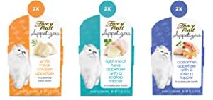 Fancy Feast Appetizers Gourmet Cat Complement Bundle 10 Can in Total, 2 Each: Salmon, Tuna, Chicken, Oceanfish and Skipjack Tuna (1.1 Oz) Plus a Noisy Cat Toy Ball and Magnet