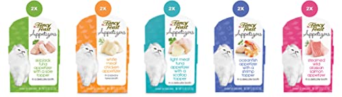 Fancy Feast Appetizers Gourmet Cat Complement Bundle 10 Can in Total, 2 Each: Salmon, Tuna, Chicken, Oceanfish and Skipjack Tuna (1.1 Oz) Plus a Noisy Cat Toy Ball and Magnet