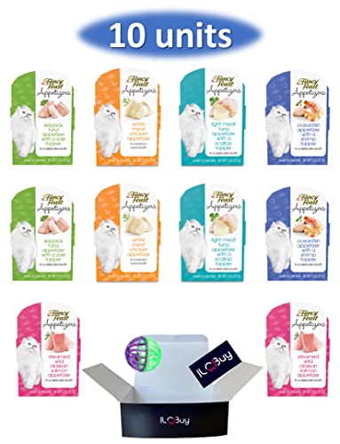 Fancy Feast Appetizers Gourmet Cat Complement Bundle 10 Can in Total, 2 Each: Salmon, Tuna, Chicken, Oceanfish and Skipjack Tuna (1.1 Oz) Plus a Noisy Cat Toy Ball and Magnet