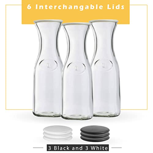 Xabono Glass Juice Bottles 3 Pack Juice Bottles 1 Liter (36 oz) Glass Milk Bottle with Lid for Mimosa Bar Juice Containers with Lids for Fridge 6 Lids Glass Carafe Clear Water Carafe