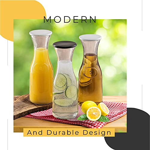 Xabono Glass Juice Bottles 3 Pack Juice Bottles 1 Liter (36 oz) Glass Milk Bottle with Lid for Mimosa Bar Juice Containers with Lids for Fridge 6 Lids Glass Carafe Clear Water Carafe