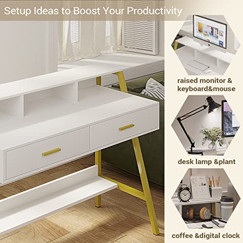 Tiptiper Modern Computer Desk with Drawers, Home Office Desk with Monitor Stand and Built-in Hutch, Writing Desk Workstation Table with Bookshelf, for Work & Study, White and Gold