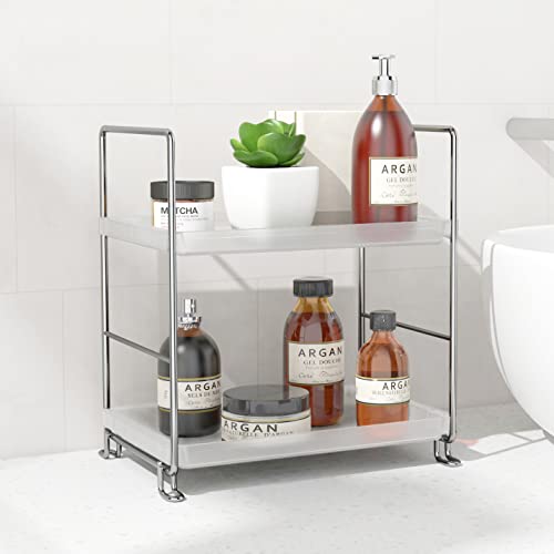 2 Tier Bathroom Organizer Countertop,Kitchen Spice Rack or Makeup Shelf Vanity Perfume Skin Care Organizer and Storage Bedroom Storage Tray (Silver & Translucent)