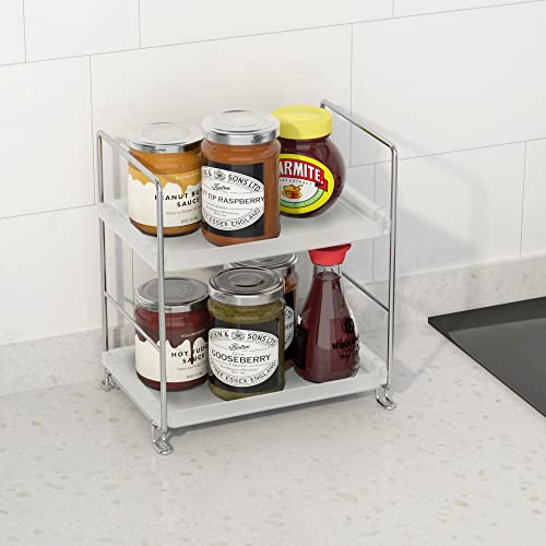 2 Tier Bathroom Organizer Countertop,Kitchen Spice Rack or Makeup Shelf Vanity Perfume Skin Care Organizer and Storage Bedroom Storage Tray (Silver & Translucent)