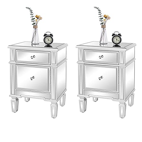 VINGLI Nightstands Set of 2 Mirrored Side Tables Glass End Table with Drawer for Bedroom, Silver