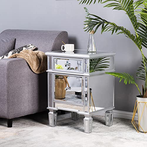 VINGLI Nightstands Set of 2 Mirrored Side Tables Glass End Table with Drawer for Bedroom, Silver