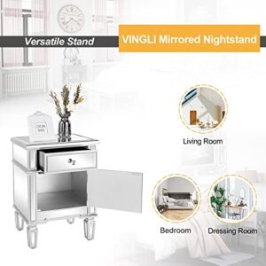 VINGLI Nightstands Set of 2 Mirrored Side Tables Glass End Table with Drawer for Bedroom, Silver