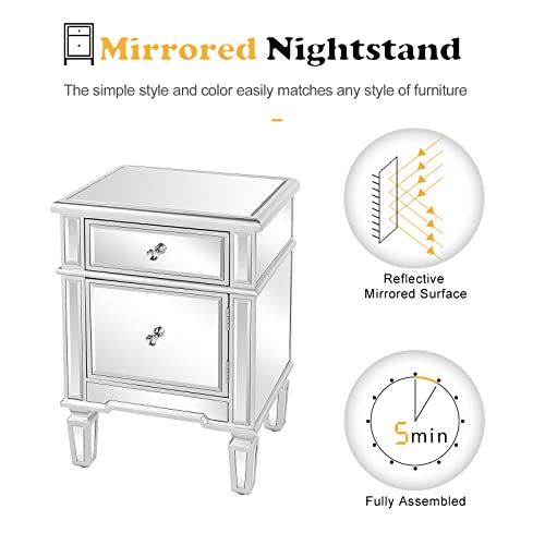 VINGLI Nightstands Set of 2 Mirrored Side Tables Glass End Table with Drawer for Bedroom, Silver