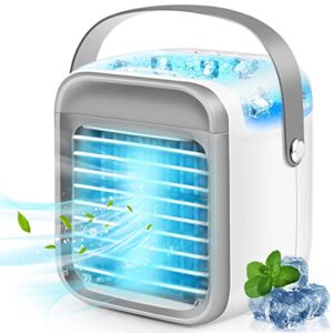 portable air conditioner fan, evaporative personal air cooler humidifier, 3 speeds, 7 colors led light, freon free ice cooler fan with handle, misting fast cooling desktop fan for room, office, study