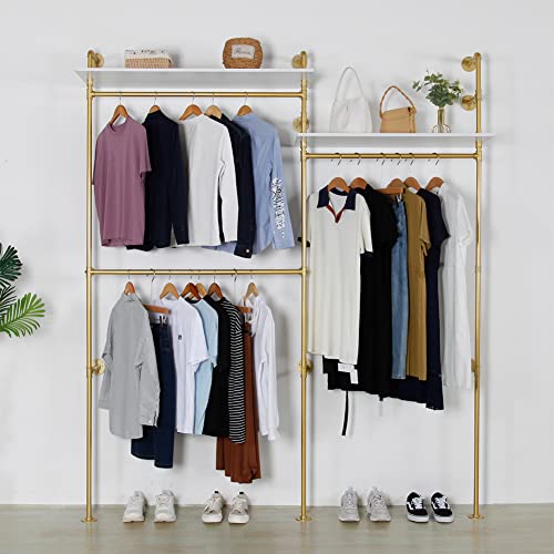 EDCB Industrial Pipe Clothing Rack Wall Mounted, Heavy Duty Hanging Clothes Rack Clothing Store Display Stands Garment Rack Closet System, 2 Tier Wood Garment Rack (Gold, 96.5x80.7inch)