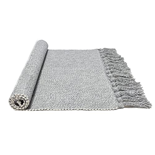 JE JOUE Boho Bathroom Rug 2'x3' Grey，Hand Woven Tassel Solid Color Area Rug, Washable Bedroom Runner mat for Laundry Kitchen Outdoor Bathroom Dorm entryway