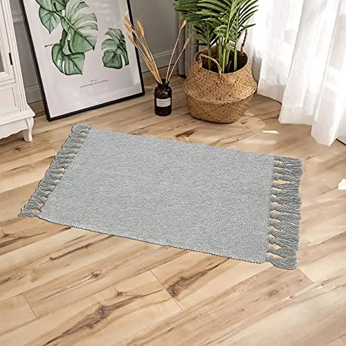 JE JOUE Boho Bathroom Rug 2'x3' Grey，Hand Woven Tassel Solid Color Area Rug, Washable Bedroom Runner mat for Laundry Kitchen Outdoor Bathroom Dorm entryway