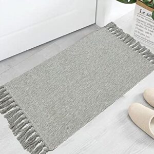 JE JOUE Boho Bathroom Rug 2'x3' Grey，Hand Woven Tassel Solid Color Area Rug, Washable Bedroom Runner mat for Laundry Kitchen Outdoor Bathroom Dorm entryway