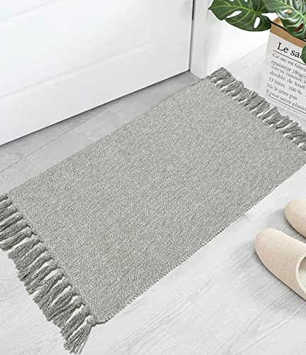 JE JOUE Boho Bathroom Rug 2'x3' Grey，Hand Woven Tassel Solid Color Area Rug, Washable Bedroom Runner mat for Laundry Kitchen Outdoor Bathroom Dorm entryway