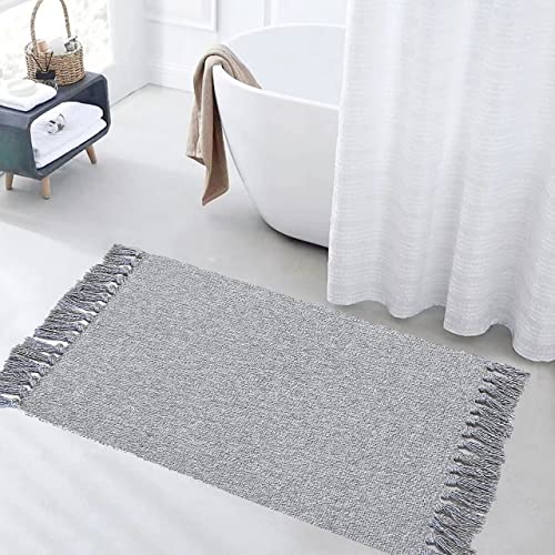 JE JOUE Boho Bathroom Rug 2'x3' Grey，Hand Woven Tassel Solid Color Area Rug, Washable Bedroom Runner mat for Laundry Kitchen Outdoor Bathroom Dorm entryway