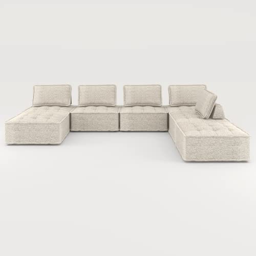 MUZZ Modular Convertible U/L Sectional Sofa, 7 Seater Sofa Couch with Soft Oversized Seat, Free Combination Armless Sectional Sofa for Living Room, Bedroom (Beige, 7PCS)