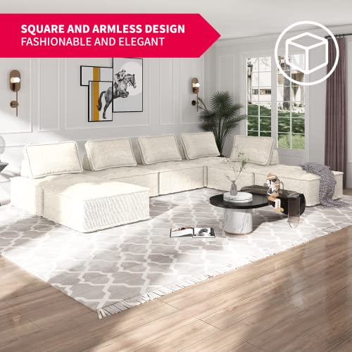 MUZZ Modular Convertible U/L Sectional Sofa, 7 Seater Sofa Couch with Soft Oversized Seat, Free Combination Armless Sectional Sofa for Living Room, Bedroom (Beige, 7PCS)