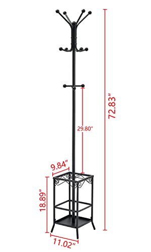 Hoctieon Coat Rack Freestanding,Entryway Coat Hanger Stand,Umbrella Holder,Hall Tree With 12 Hooks,Standing Coat Rack,Floor Standing Metal Umbrella Tree Stand, Black