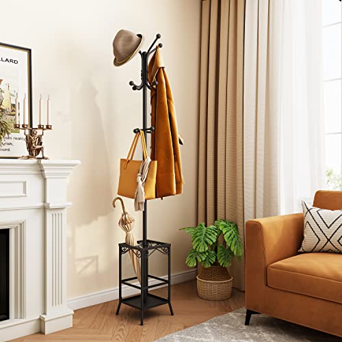 Hoctieon Coat Rack Freestanding,Entryway Coat Hanger Stand,Umbrella Holder,Hall Tree With 12 Hooks,Standing Coat Rack,Floor Standing Metal Umbrella Tree Stand, Black