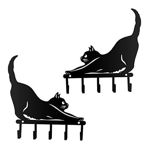 Kobjoy 2pcs Mini Metal Cat Home Décor, Heavy Duty Wall Hook, Small Key Holder for Wall, Coat Rack Wall Mount, Bedroom Hanging Hat Organizer, Kitchen Towel Hook, Black Funny Cat Gifts for Lovers