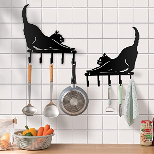 Kobjoy 2pcs Mini Metal Cat Home Décor, Heavy Duty Wall Hook, Small Key Holder for Wall, Coat Rack Wall Mount, Bedroom Hanging Hat Organizer, Kitchen Towel Hook, Black Funny Cat Gifts for Lovers