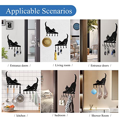 Kobjoy 2pcs Mini Metal Cat Home Décor, Heavy Duty Wall Hook, Small Key Holder for Wall, Coat Rack Wall Mount, Bedroom Hanging Hat Organizer, Kitchen Towel Hook, Black Funny Cat Gifts for Lovers