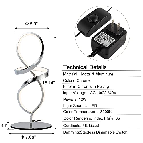 Mayful Modern Table Lamp, LED Spiral Lamp, Stepless Dimmable Bedside Lamp, Contemporary Nightstand Lamp, Chrome Desk Lamp for Bedroom Living Room Home Office, 12W