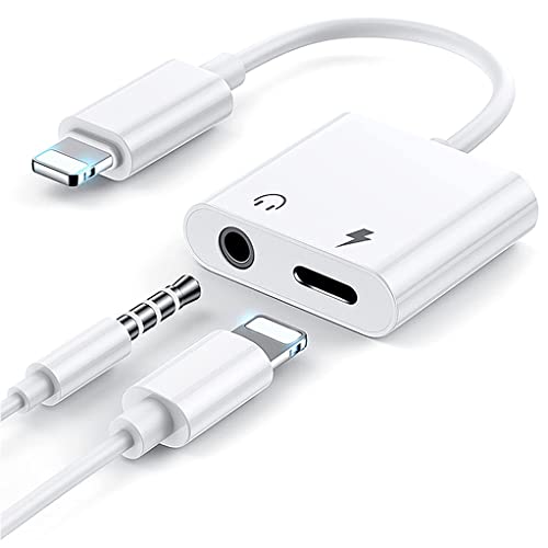 [2 in 1] Headphone Adapter for iPhone,3.5mm Jack Dongle Aux Audio Charger Splitter,Compatible with iPhone13/12/SE/XR/XS/X/8/8Plus/7/7 Plus Audio Earphone Adaptor Support All iOS System，White