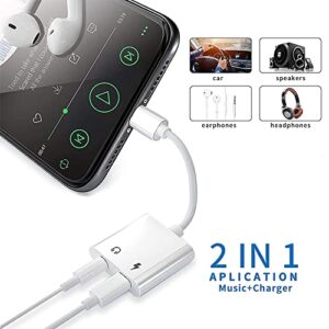 [2 in 1] Headphone Adapter for iPhone,3.5mm Jack Dongle Aux Audio Charger Splitter,Compatible with iPhone13/12/SE/XR/XS/X/8/8Plus/7/7 Plus Audio Earphone Adaptor Support All iOS System，White