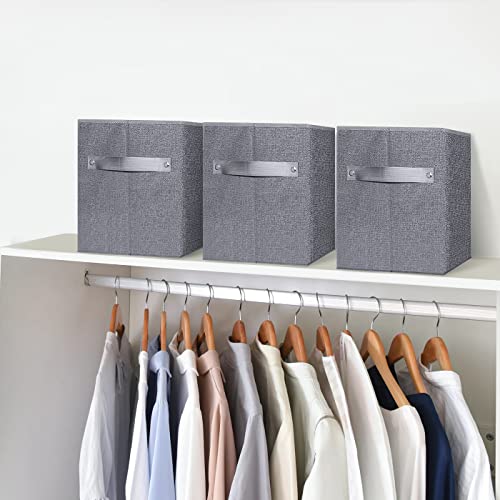 SLEEPING LAMB Medium Fabric Storage Baskets for Shelves Organizing Collapsible Storage Bins for Closet Storage Baskets Wardrobe Clothes Organizer, 3 Packs (Grey)