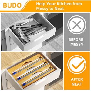 BUDO 3 in 1 Wrap Dispenser with Cutter and Labels, Bamboo Foil and Plastic Wrap Organizer, Wax Parchment Paper Dispenser for Kitchen Drawer, Fits 12" Roll Storage Holder