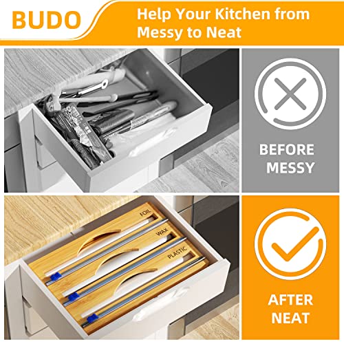 BUDO 3 in 1 Wrap Dispenser with Cutter and Labels, Bamboo Foil and Plastic Wrap Organizer, Wax Parchment Paper Dispenser for Kitchen Drawer, Fits 12" Roll Storage Holder