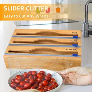 BUDO 3 in 1 Wrap Dispenser with Cutter and Labels, Bamboo Foil and Plastic Wrap Organizer, Wax Parchment Paper Dispenser for Kitchen Drawer, Fits 12" Roll Storage Holder