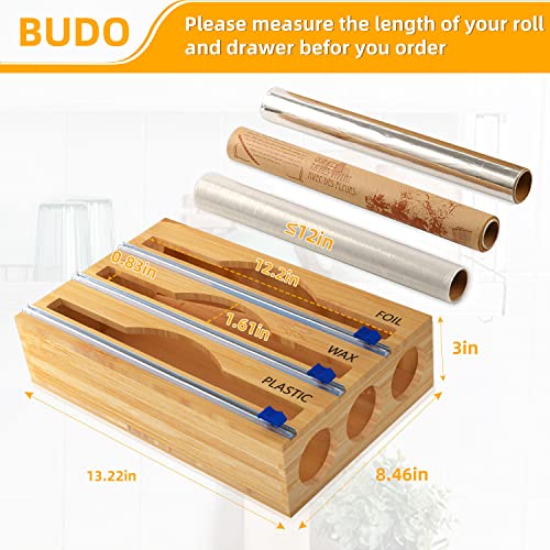 BUDO 3 in 1 Wrap Dispenser with Cutter and Labels, Bamboo Foil and Plastic Wrap Organizer, Wax Parchment Paper Dispenser for Kitchen Drawer, Fits 12" Roll Storage Holder