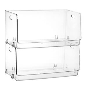 nicunom 2 pack stackable plastic storage bins open front, clear pantry organizer bins household food storage bin for kitchen, countertops, cabinet, shelf, fridge,pantry