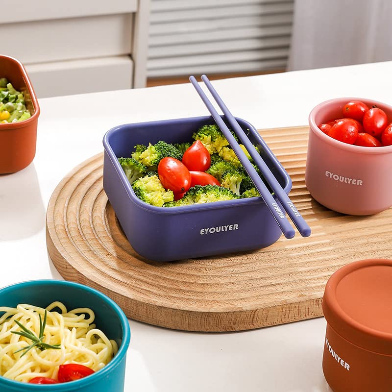 Eyoulyer Silicone Bento Box with Lid Food Storage Durable Bowl Mixing Serving Eating Non-Slip Easy Grip Indoor Outdoor Travel To-Go Food Containers Set2 Canister (BLUE-SQUARE)