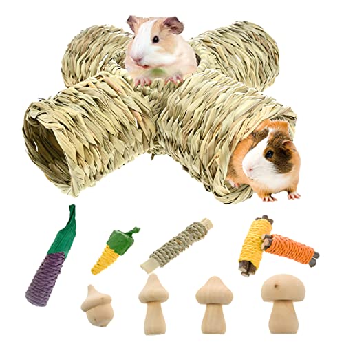 Vehomy Guinea Pig Grass Tunnel Toy Hamster Natural Hideaway Tunnel Tubes and 9Pcs Small Pet Chewing Toys Small Animal Grass House with 5 Entrances for Guinea Pig Syrian Hamster Chinchillas Gerbils