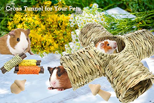 Vehomy Guinea Pig Grass Tunnel Toy Hamster Natural Hideaway Tunnel Tubes and 9Pcs Small Pet Chewing Toys Small Animal Grass House with 5 Entrances for Guinea Pig Syrian Hamster Chinchillas Gerbils