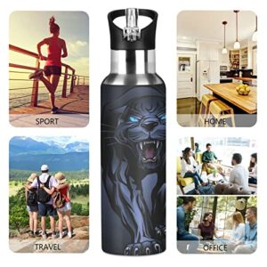 senya 20 Oz Water Bottle with Straw Roaring Black Panther Stainless Steel Water Bottle for Traveling Sports Leakproof Insulated Water Bottle