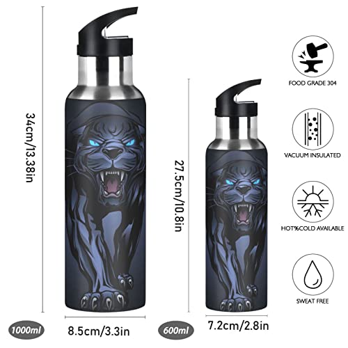 senya 20 Oz Water Bottle with Straw Roaring Black Panther Stainless Steel Water Bottle for Traveling Sports Leakproof Insulated Water Bottle