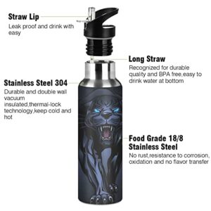 senya 20 Oz Water Bottle with Straw Roaring Black Panther Stainless Steel Water Bottle for Traveling Sports Leakproof Insulated Water Bottle