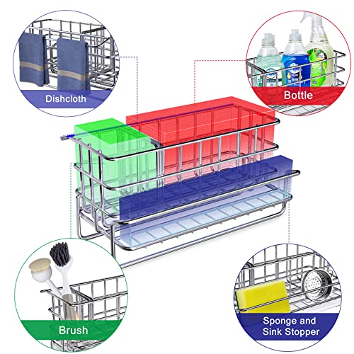 FUMAX Kitchen Sink Caddy Organizer, Sponge Holder for Kitchen Organization, Dish Brush Soap Dispenser Holder with Drain Tray, Rustproof Stainless Steel Kitchen Soap Holder for Countertop