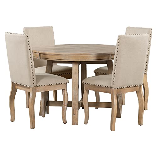 Harper & Bright Designs 5-Piece Farmhouse Dining Set with Wooden Round Extendable Dining Table and 4 Upholstered Dining Chairs, Natural Wood Wash