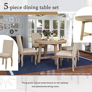 Harper & Bright Designs 5-Piece Farmhouse Dining Set with Wooden Round Extendable Dining Table and 4 Upholstered Dining Chairs, Natural Wood Wash