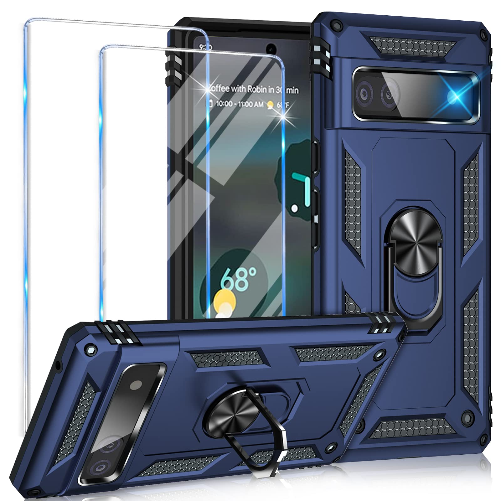 Google Pixel 6A 2022 Military-Grade Shockproof Case with Screen Protector, 16ft Drop Tested, Magnetic Kickstand & Car Mount - Blue