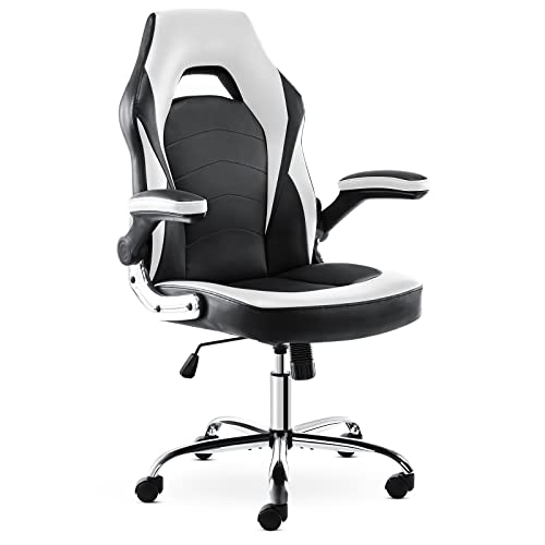 Gaming Chair - Ergonomic Office Chair Flip-up Armrest and Height Adjustable Desk Splicing PU Leather Computer Chair with Lumbar Support, White