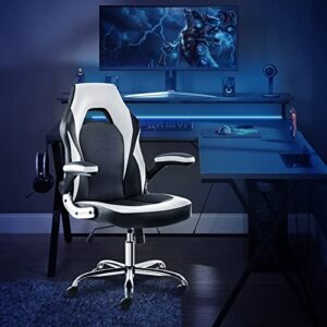 Gaming Chair - Ergonomic Office Chair Flip-up Armrest and Height Adjustable Desk Splicing PU Leather Computer Chair with Lumbar Support, White