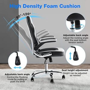 Gaming Chair - Ergonomic Office Chair Flip-up Armrest and Height Adjustable Desk Splicing PU Leather Computer Chair with Lumbar Support, White