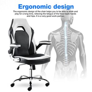 Gaming Chair - Ergonomic Office Chair Flip-up Armrest and Height Adjustable Desk Splicing PU Leather Computer Chair with Lumbar Support, White