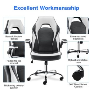 Gaming Chair - Ergonomic Office Chair Flip-up Armrest and Height Adjustable Desk Splicing PU Leather Computer Chair with Lumbar Support, White